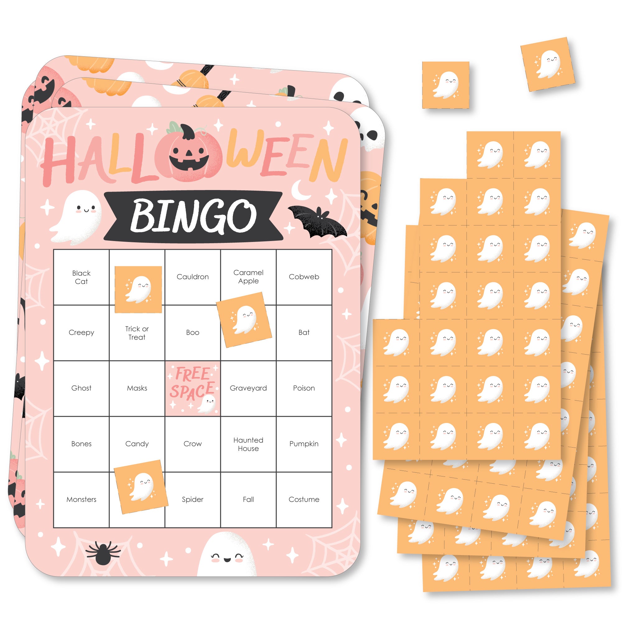 Pastel Halloween - Bingo Cards and Markers - Pink Pumpkin Party Bingo ...