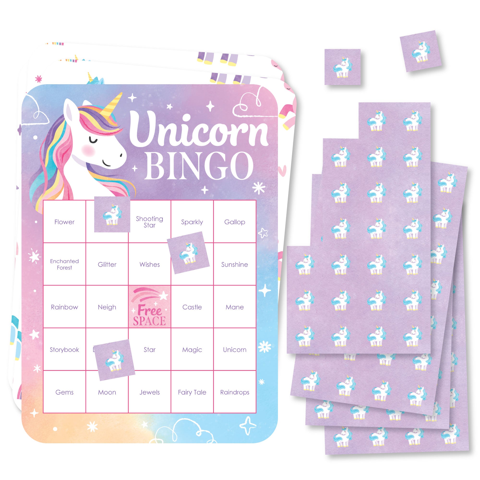 Unicorn Bingo Cards and Markers, Rainbow Unicorn Birthday Party Bingo ...