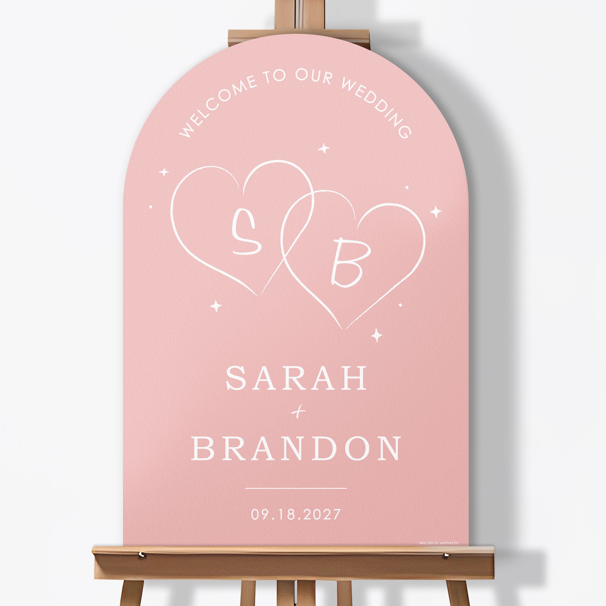 Personalized Text Pink Wedding Hearts Welcome Sign | BigDotOfHappiness.com