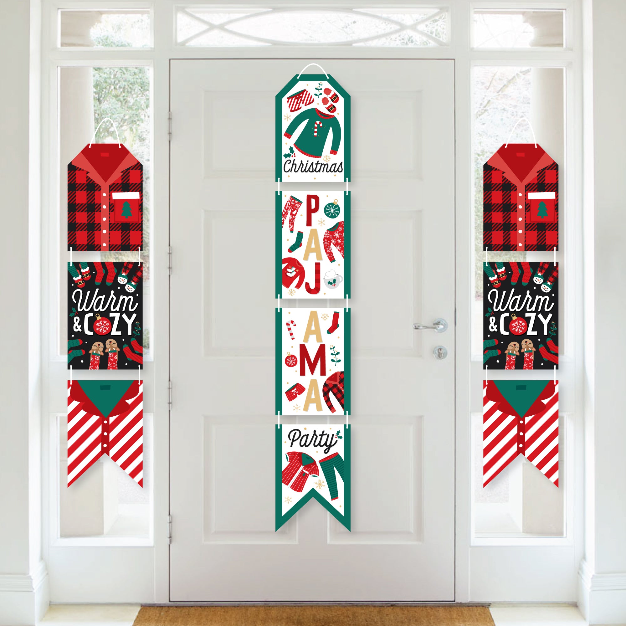 Christmas Pajamas - Hanging Vertical Paper Door Banners - Holiday Plaid ...