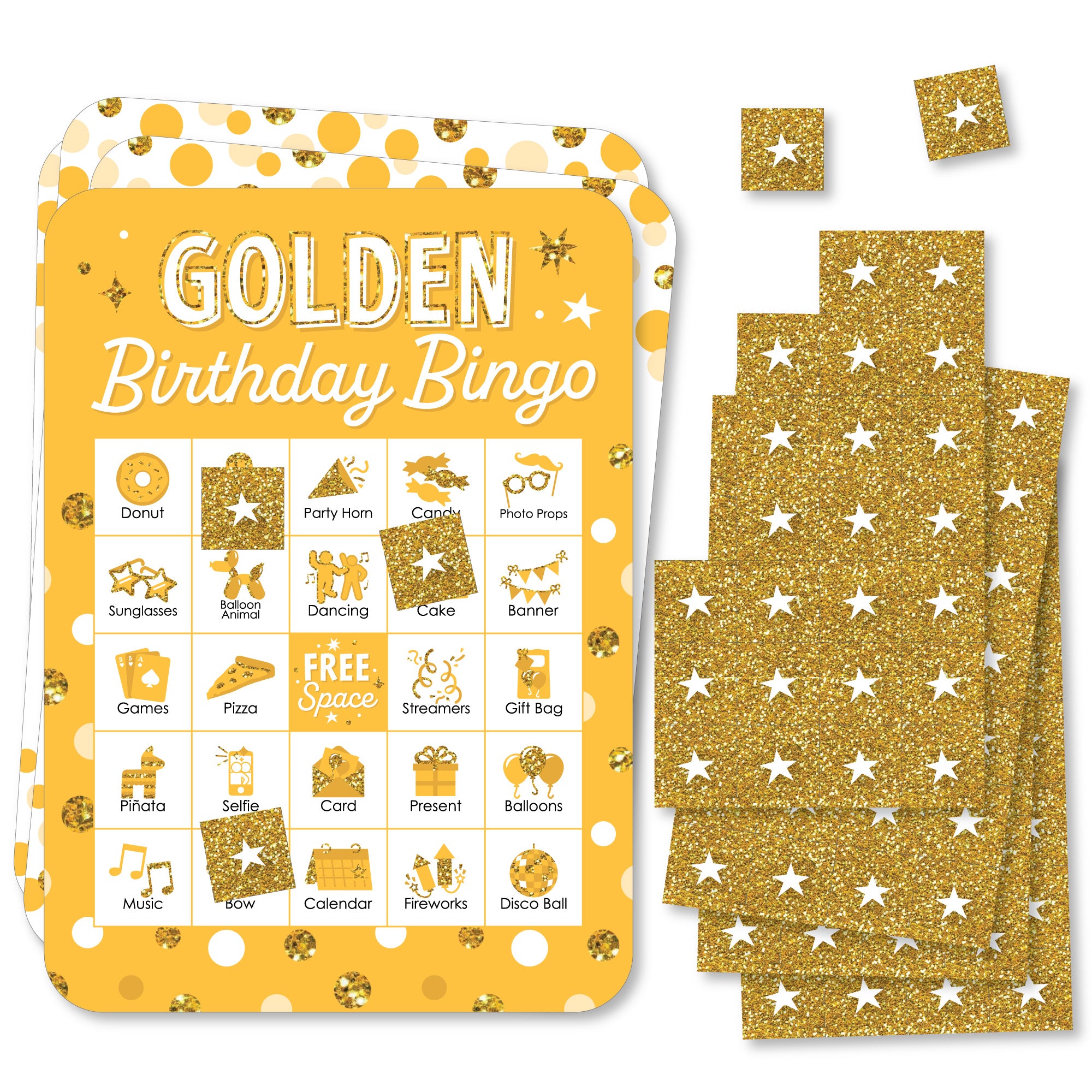 Golden Birthday - Picture Bingo Cards and Markers - Birthday Party Bingo Game - Set of 18 ...