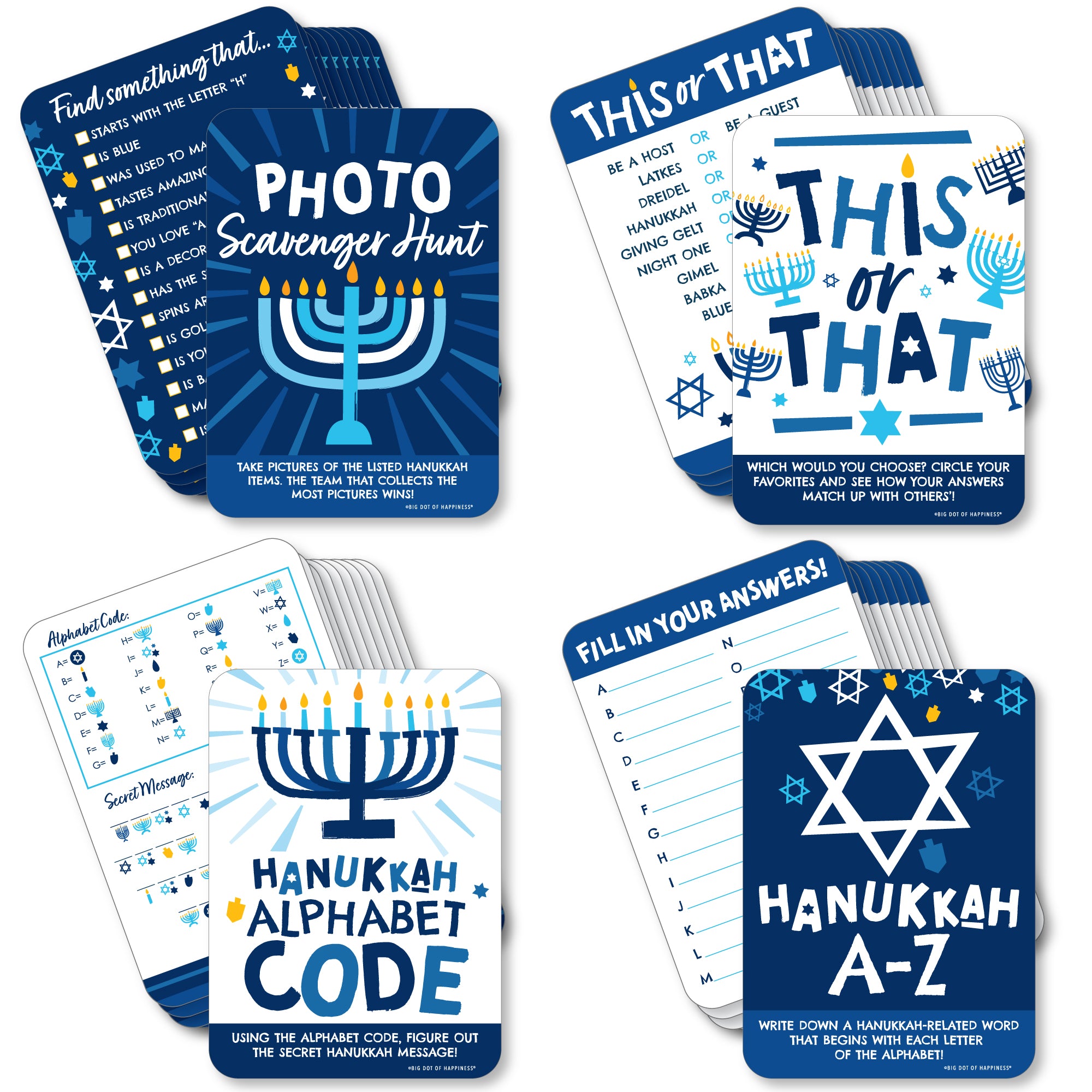 Hanukkah Menorah - 4 Chanukah Holiday Party Games - 10 Cards Each ...