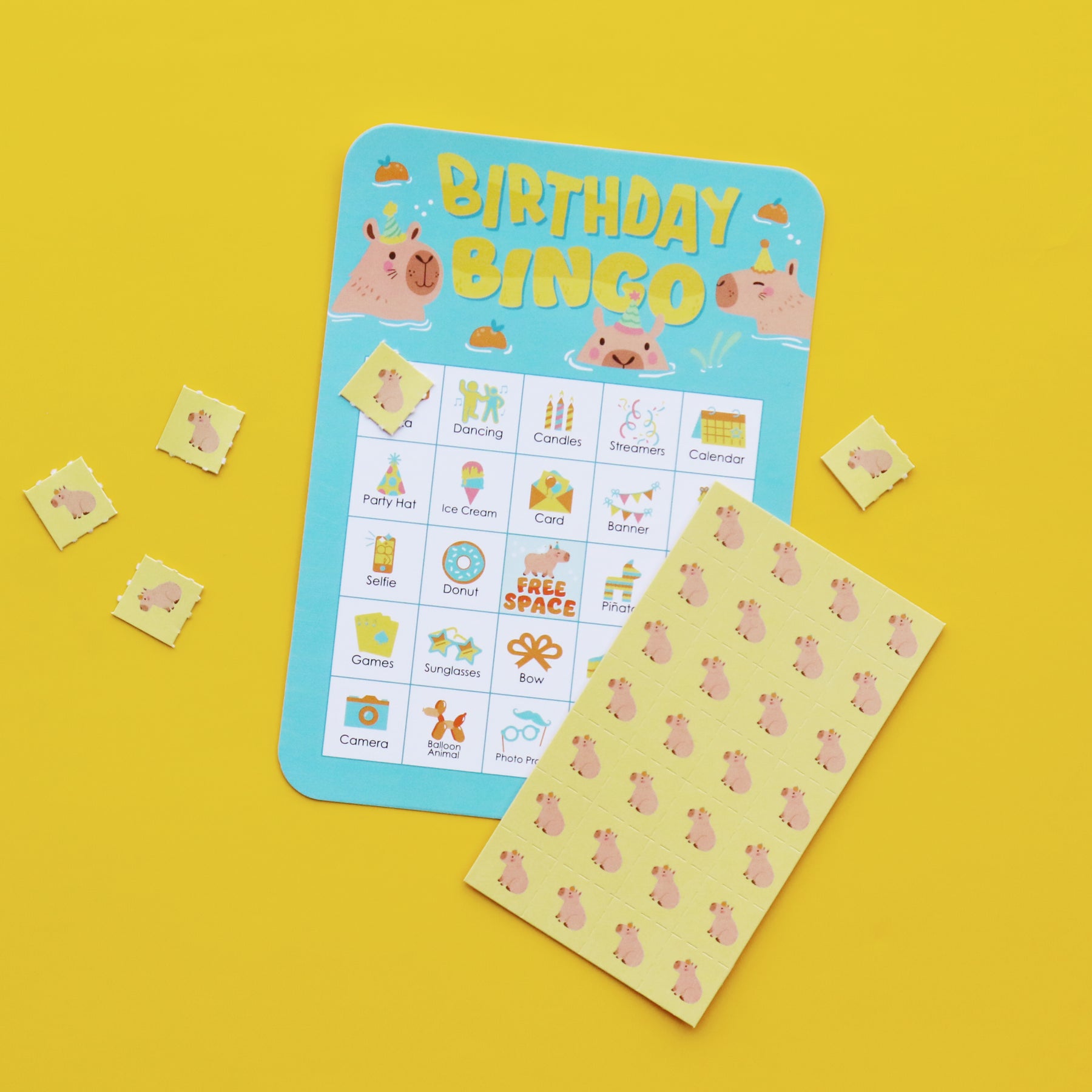 Capy Birthday - Picture Bingo Cards and Markers - Capybara Party Bingo ...