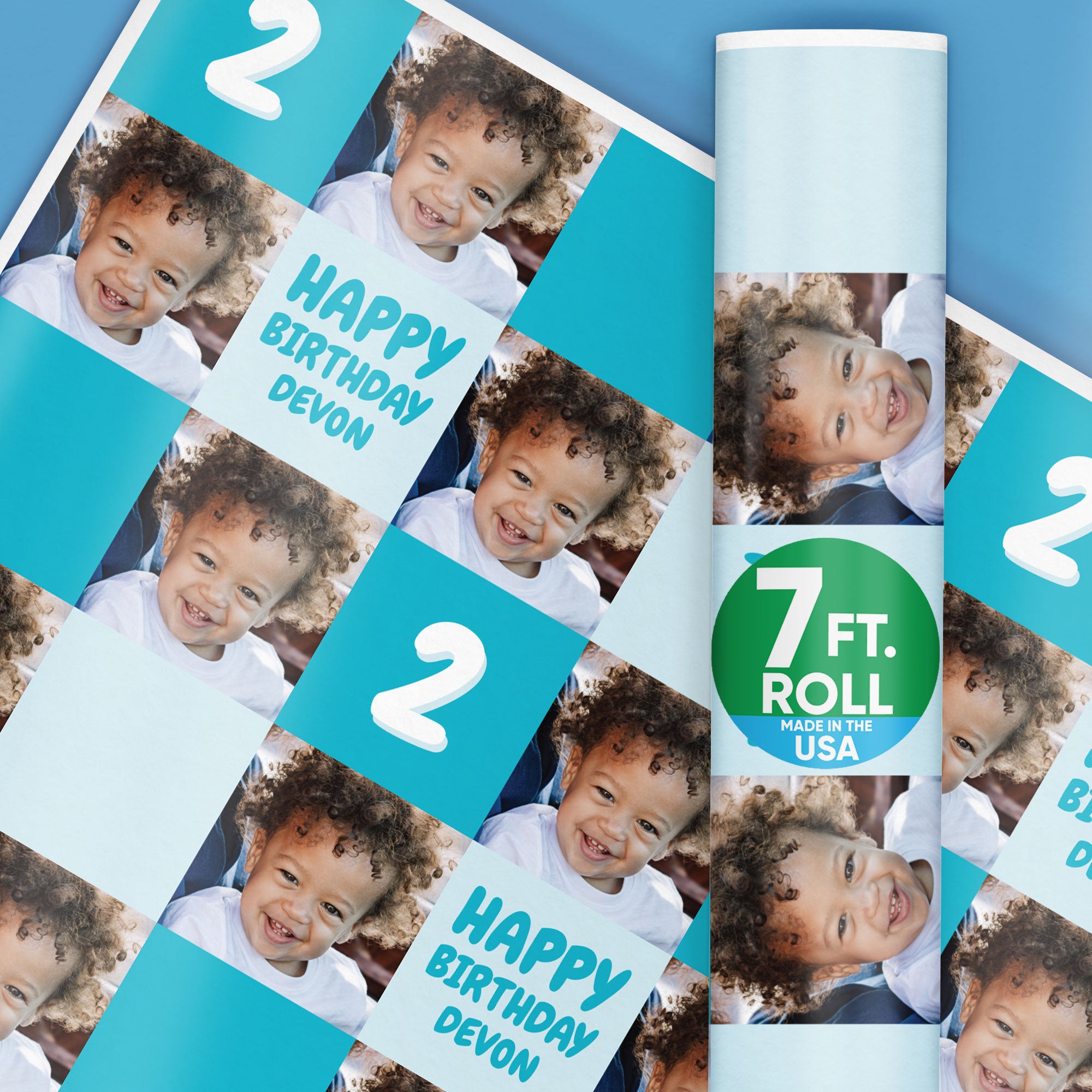 Custom Photo Birthday Wrapping Paper | Blue Personalized Gift Wrap ...