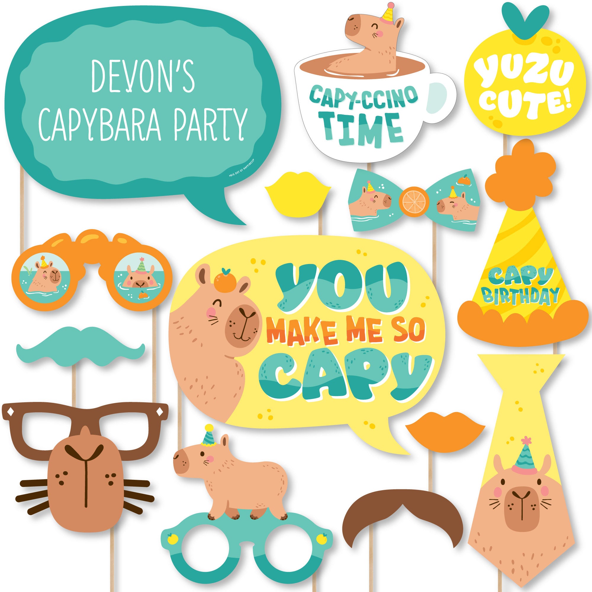 Capy Birthday - Personalized Capybara Party Photo Booth Props Kit - 20 ...