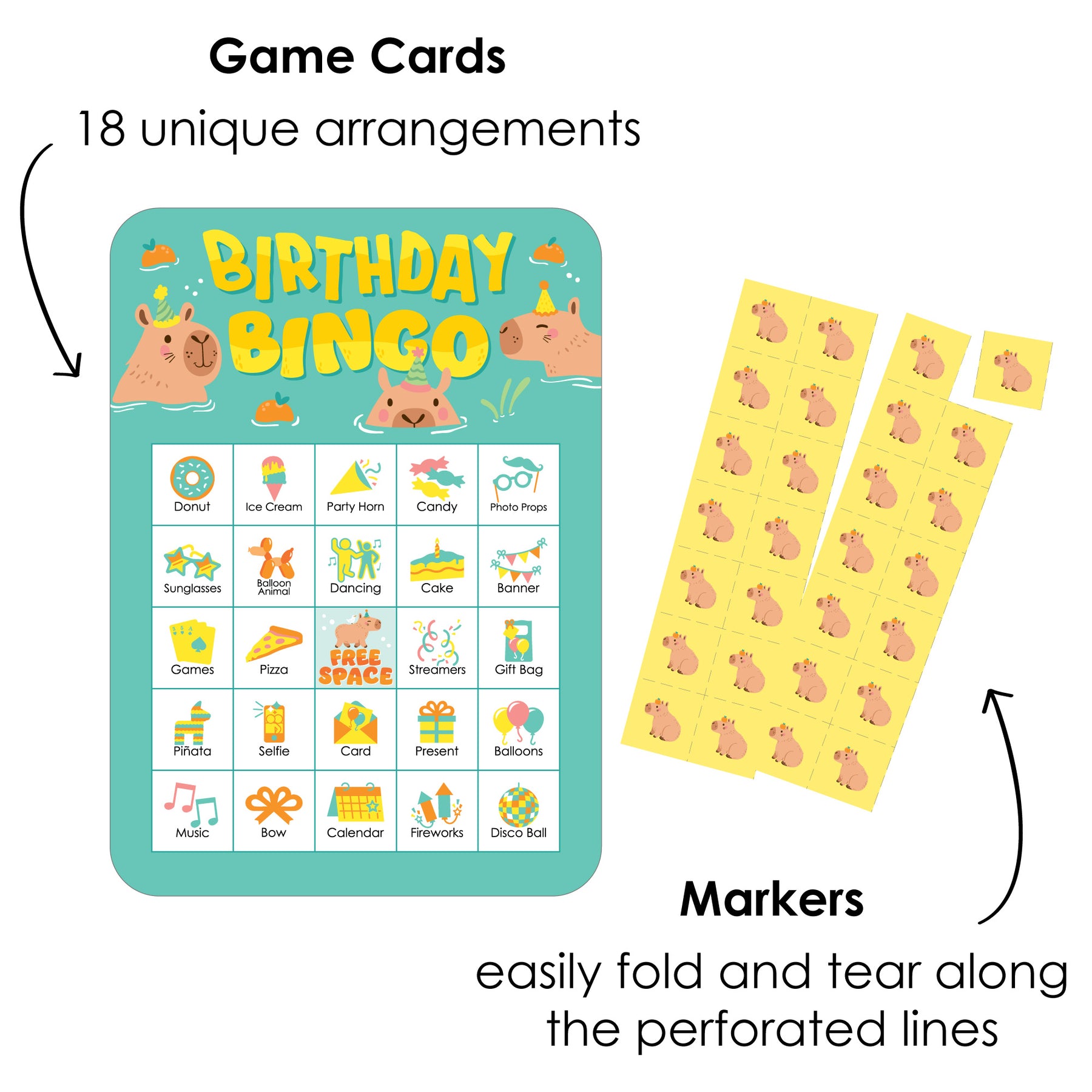 Capy Birthday - Picture Bingo Cards and Markers - Capybara Party Bingo ...