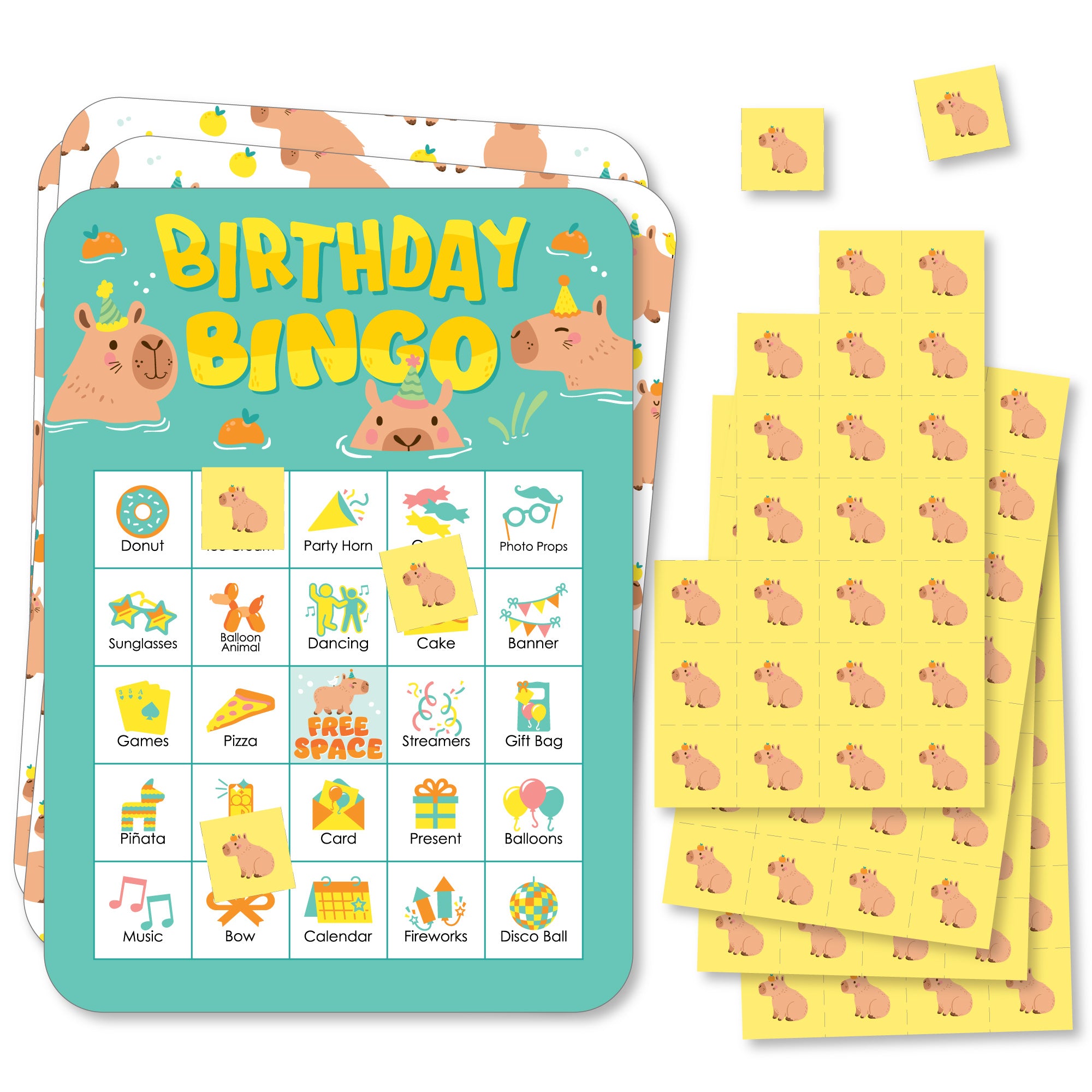 Capy Birthday - Picture Bingo Cards and Markers - Capybara Party Bingo ...