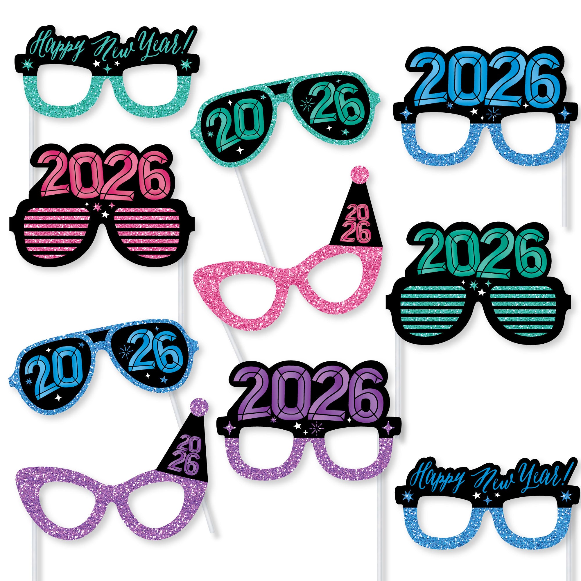 Colorful New Year Glasses, 2026 NYE Photo Booth Props, 2026 New Year's ...
