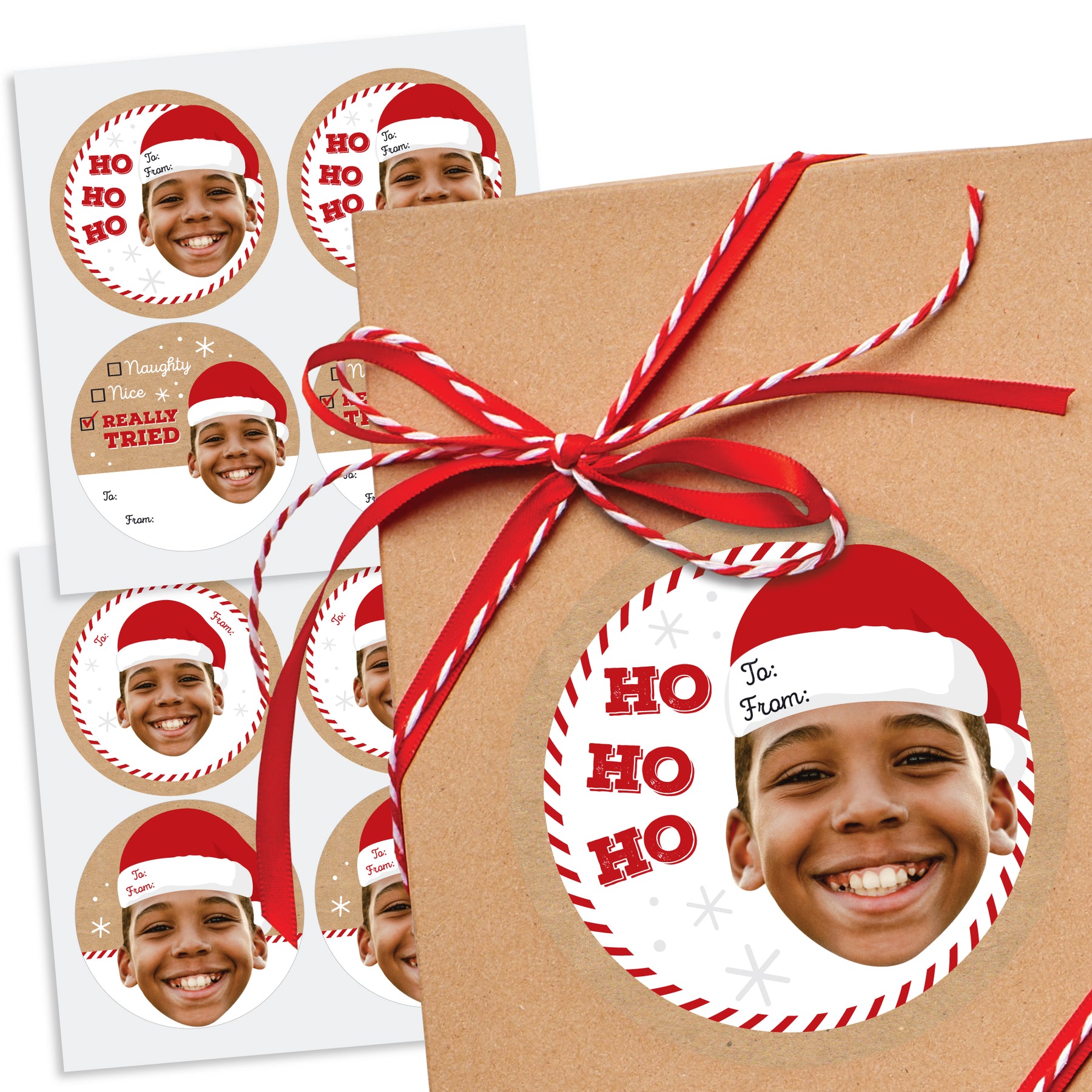 Custom Photo Jolly Santa Claus - Christmas Round To and From Gift Tags ...