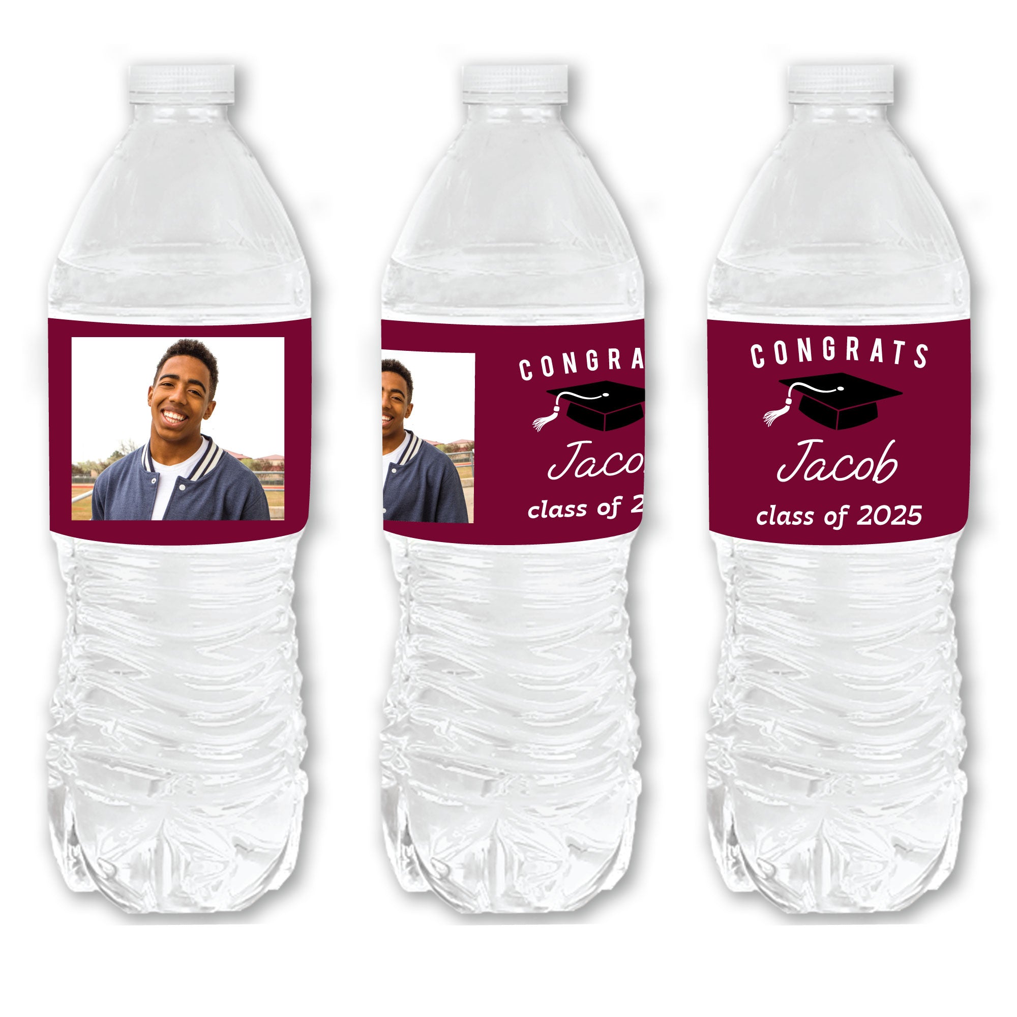 Maroon Personalized Photo & Name Graduation Water Bottle Labels ...