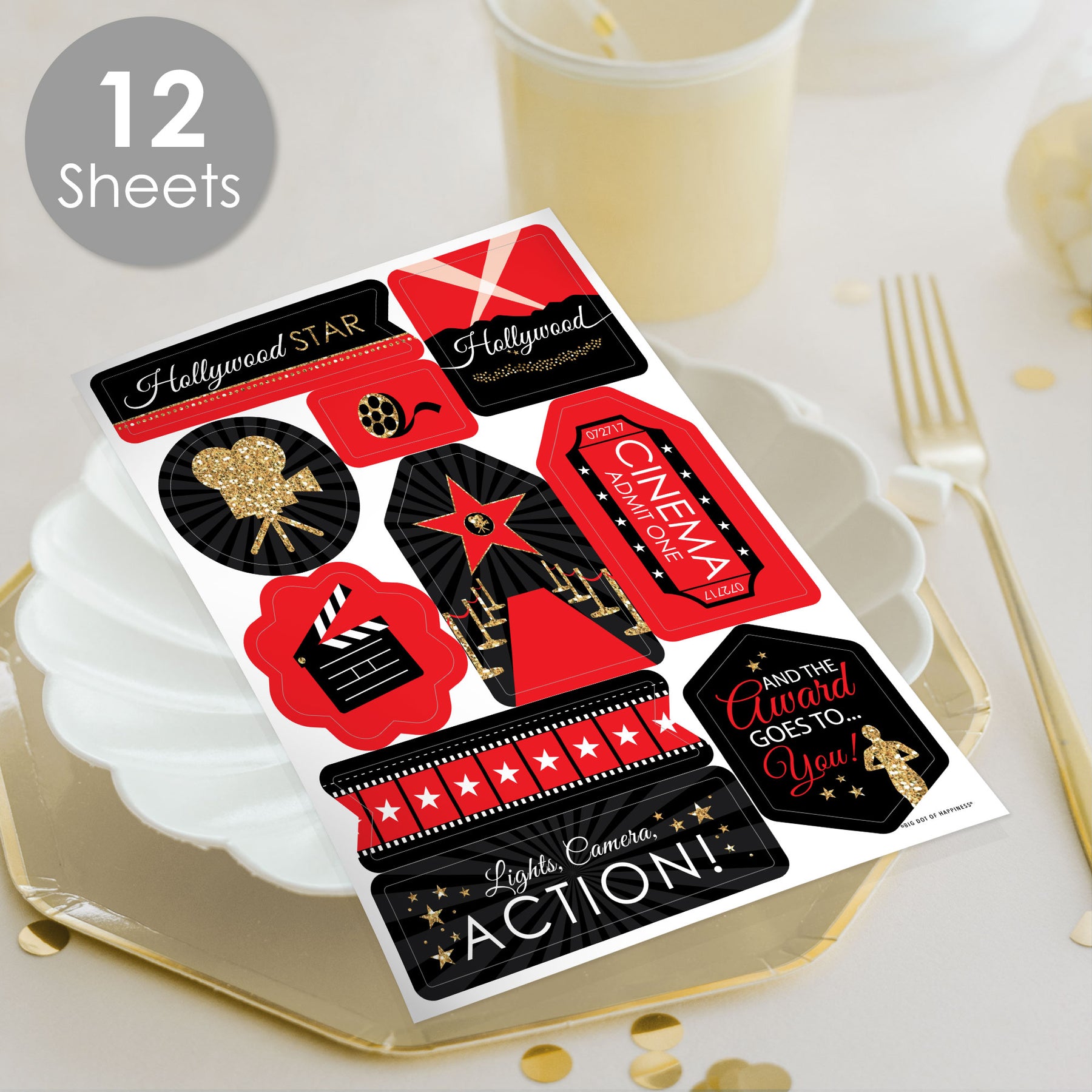 Red Carpet Hollywood - Movie Night Party Favor Sticker Set - 12 Sheets ...