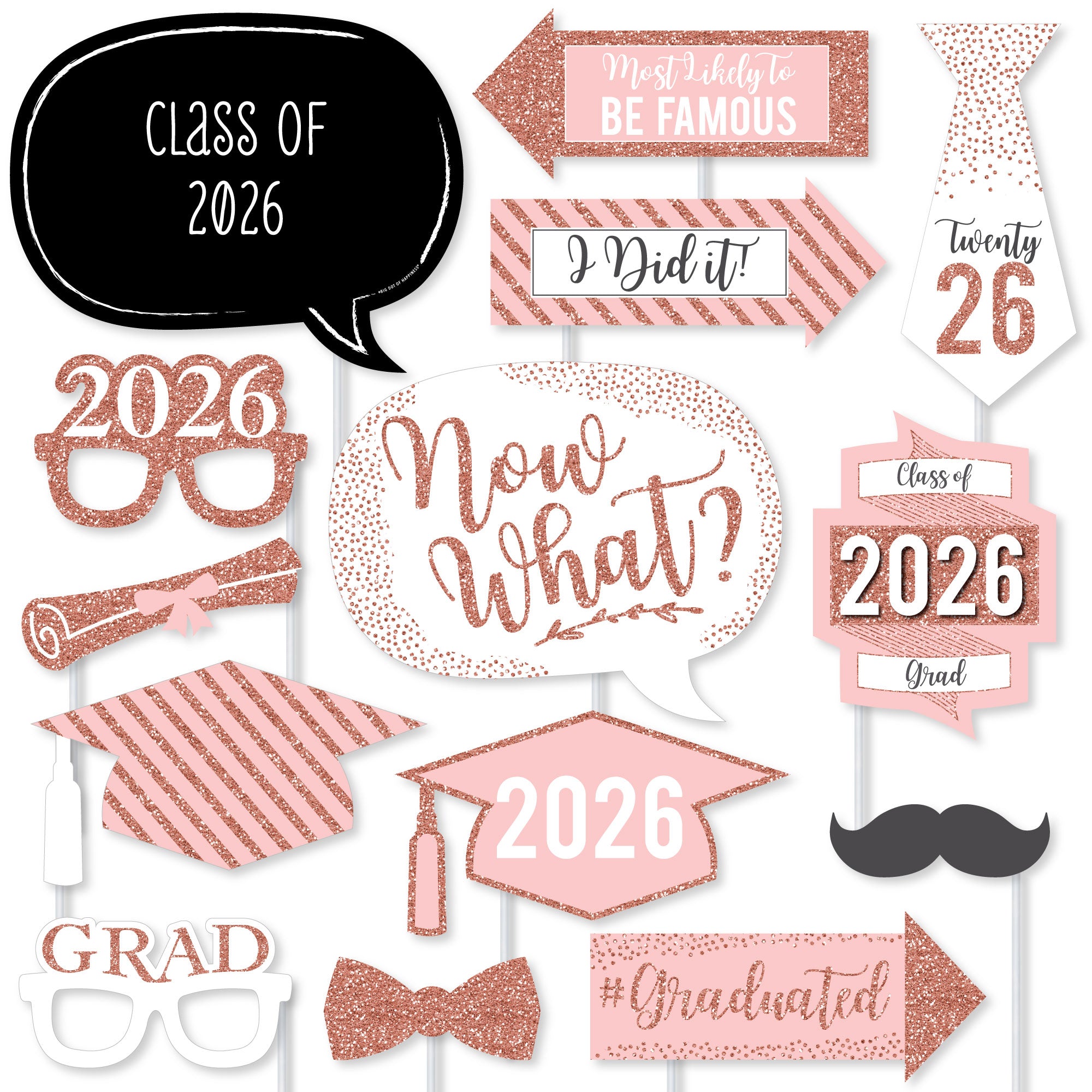 Rose Gold Grad - 2026 Graduation Party Photo Booth Props Kit - 20 Count ...