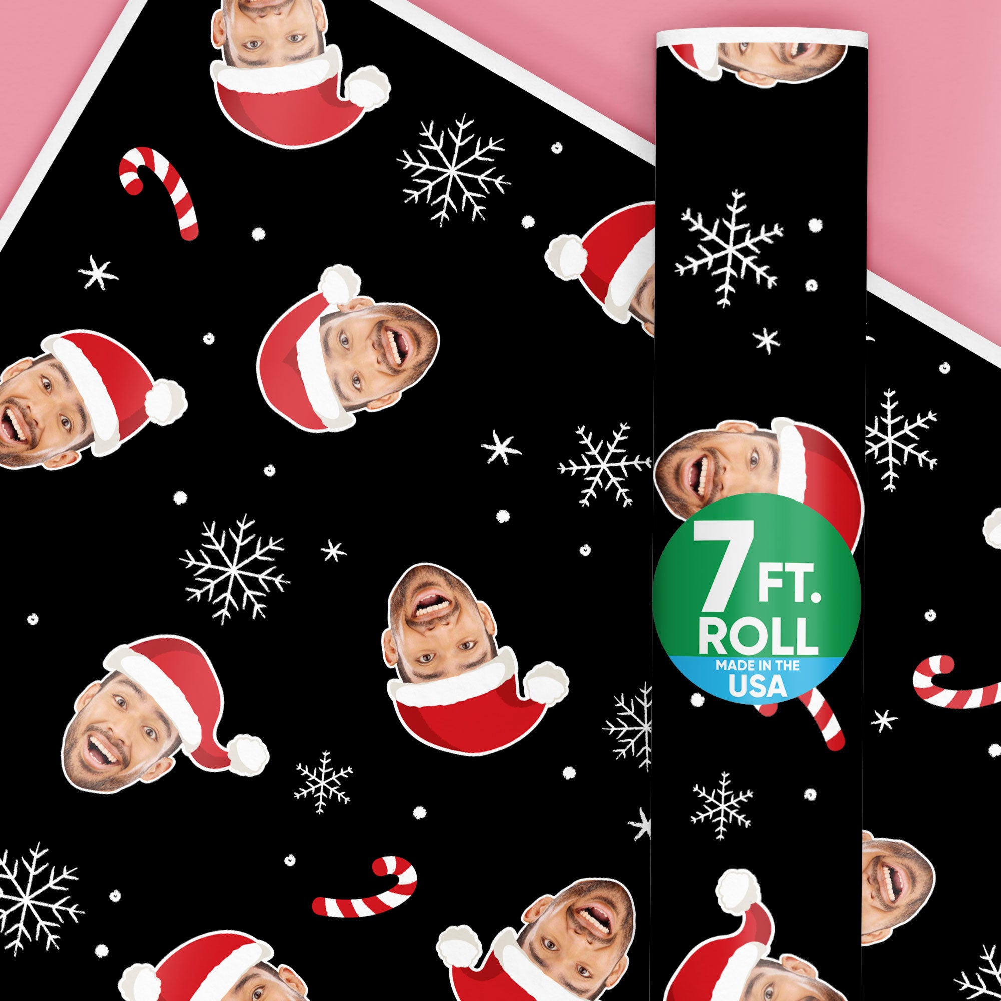 Custom Photo Santa Claus on Black Wrapping Paper, Personalized Holiday ...