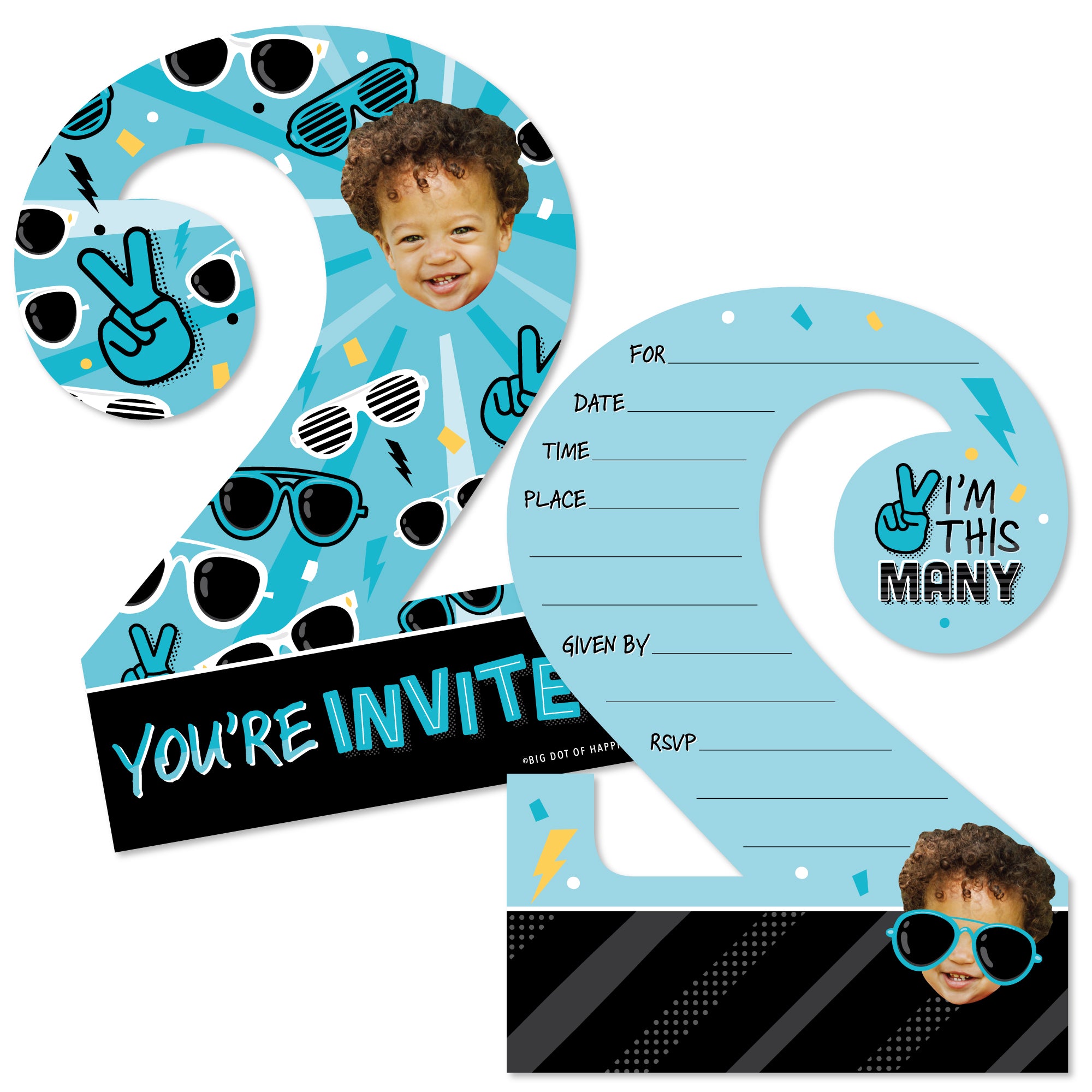 Custom Photo Two Cool - Boy - Blue 2nd Birthday Party Fun Face Shaped ...