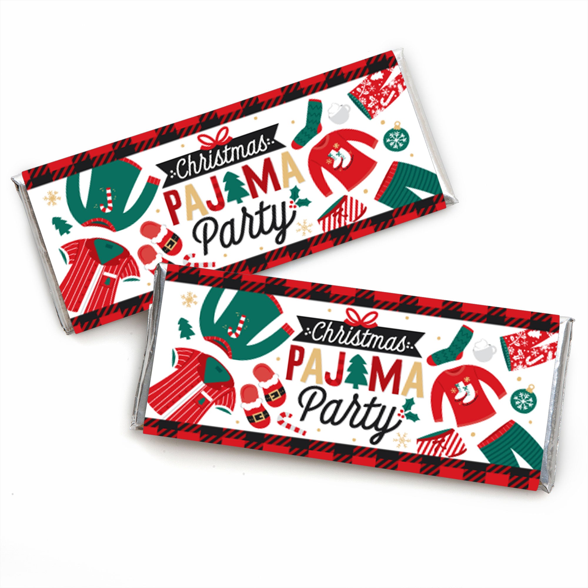 Christmas Pajamas - Candy Bar Wrapper Holiday Plaid PJ Party Favors ...