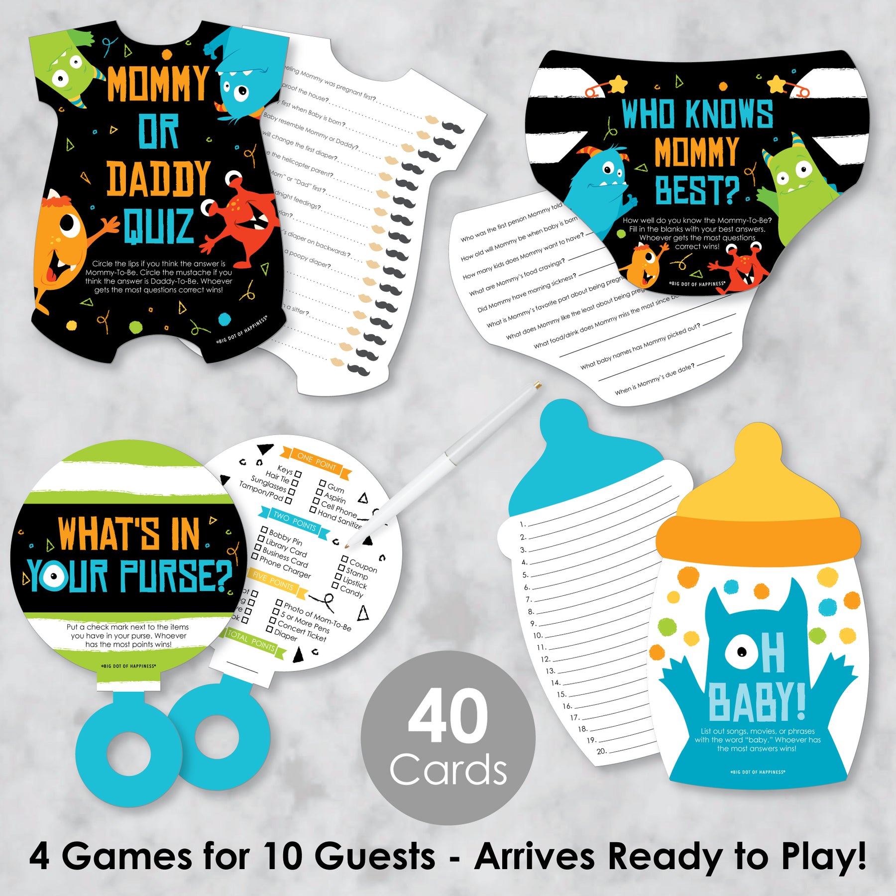 Monster Bash - 4 Little Monster Baby Shower Games - 10 Cards Each ...