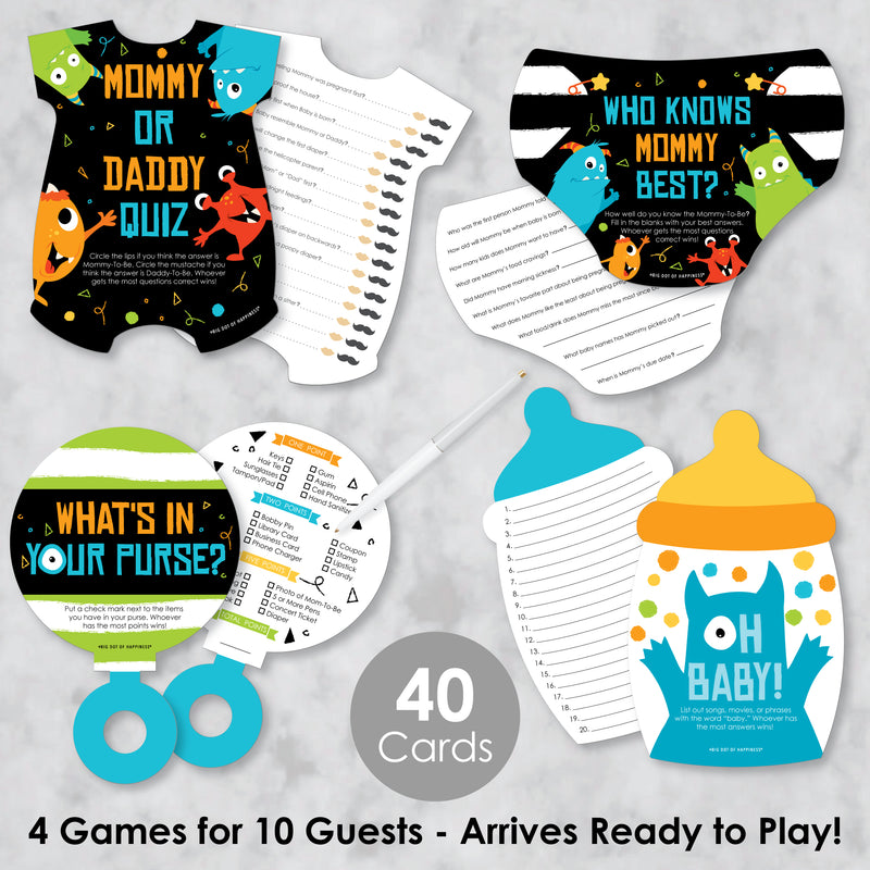 Monster Bash - 4 Little Monster Baby Shower Games - 10 Cards Each ...