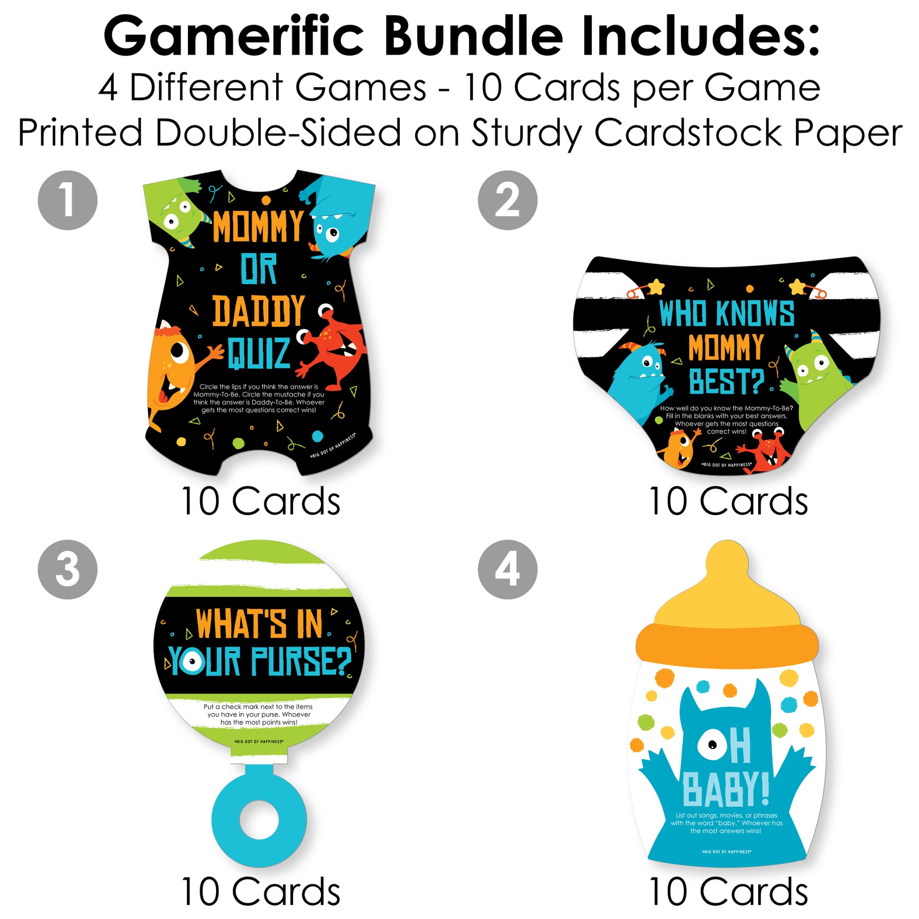 Monster Bash - 4 Little Monster Baby Shower Games - 10 Cards Each ...
