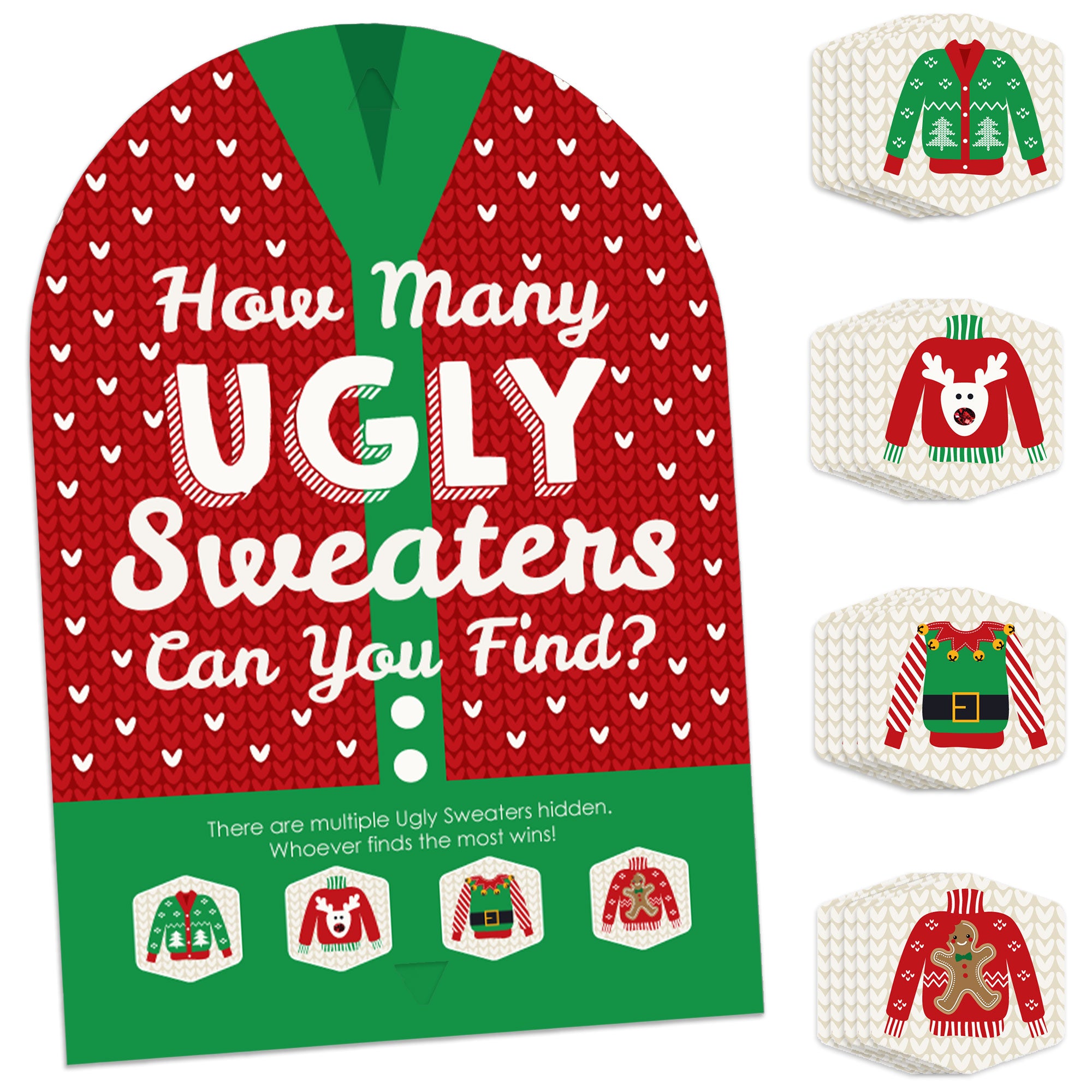 Ugly Sweater - Holiday and Christmas Party Scavenger Hunt - 1 Stand and 48 Game Pieces - Hide ...