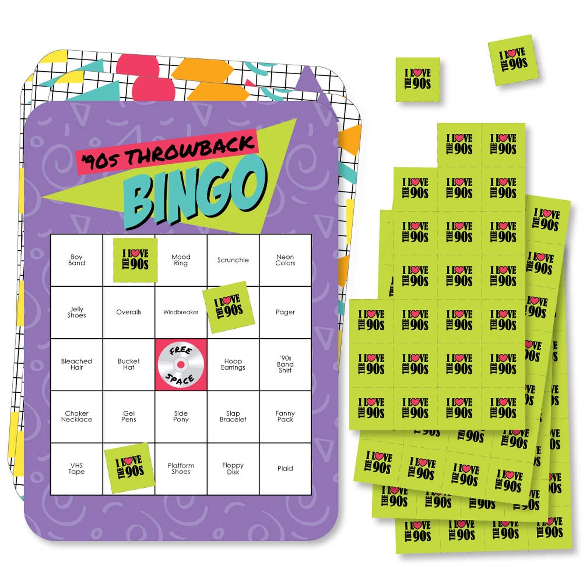 90's Throwback - Bar Bingo Cards and Markers - 1990s Party Bingo Game ...